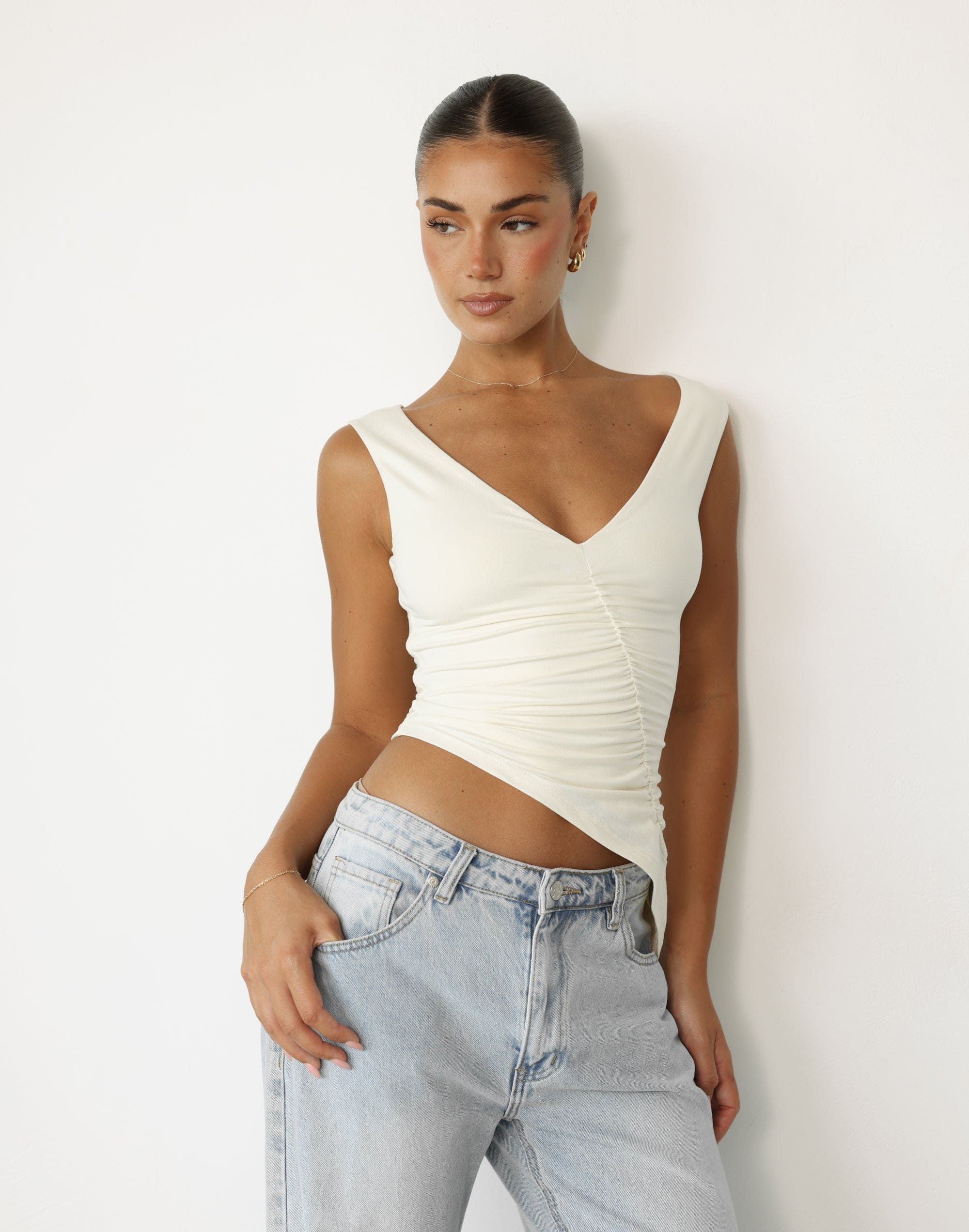 Viola Top (Oat) | CHARCOAL Exclusive - Low V-neck Ruched Longline Top